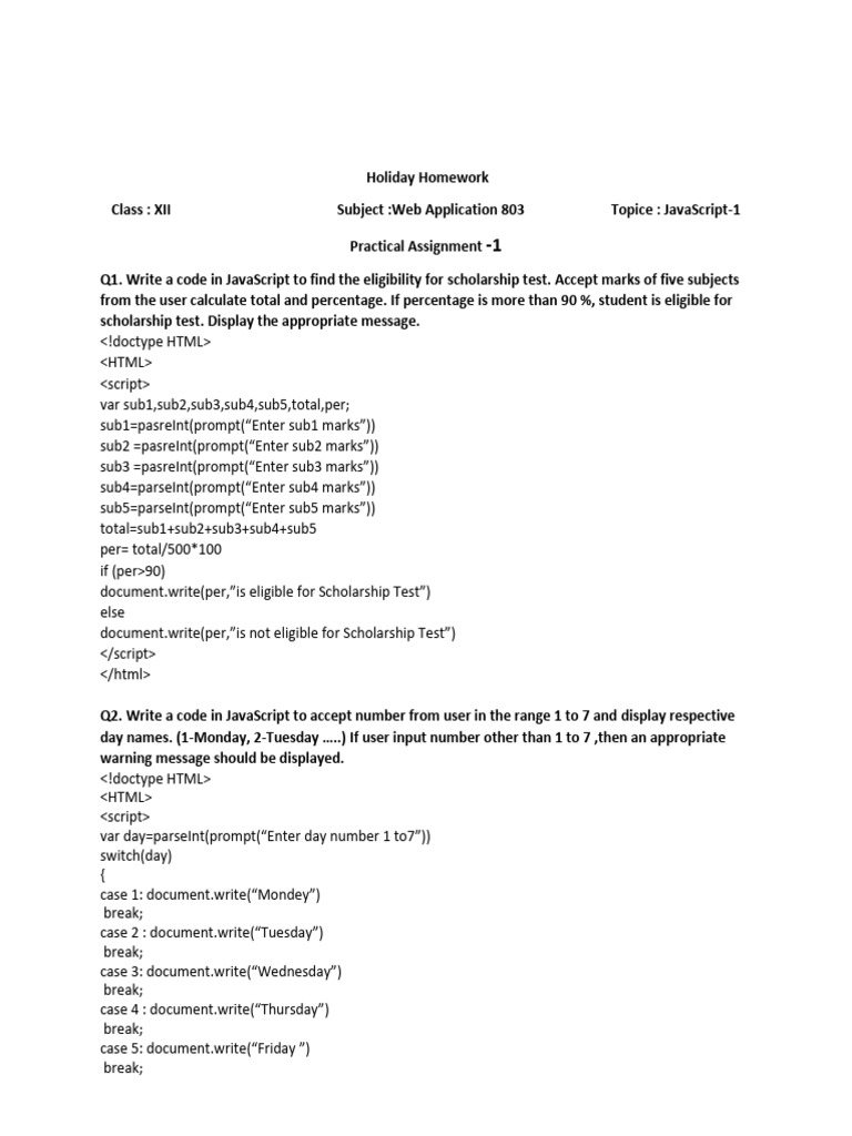 HW - Wa - Xii - Practical File - Worksheets | PDF | Java Script ...