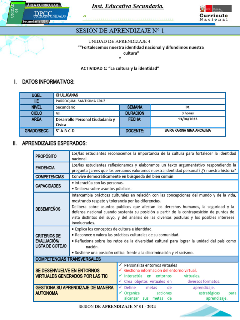 5º DPCC - Ses 1 Uni 4 - Sem 01 | PDF | Aprendizaje | Maestros