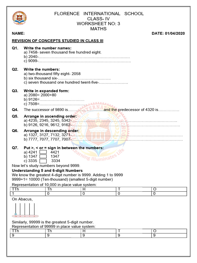 Class - IV Math Number Worksheet | PDF