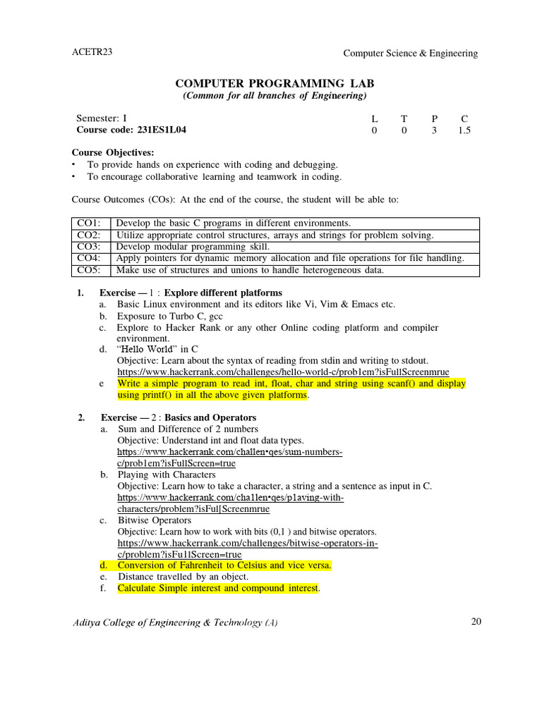 Lab Syllabus Int Ext | PDF | Matrix (Mathematics) | Pointer (Computer Programming)