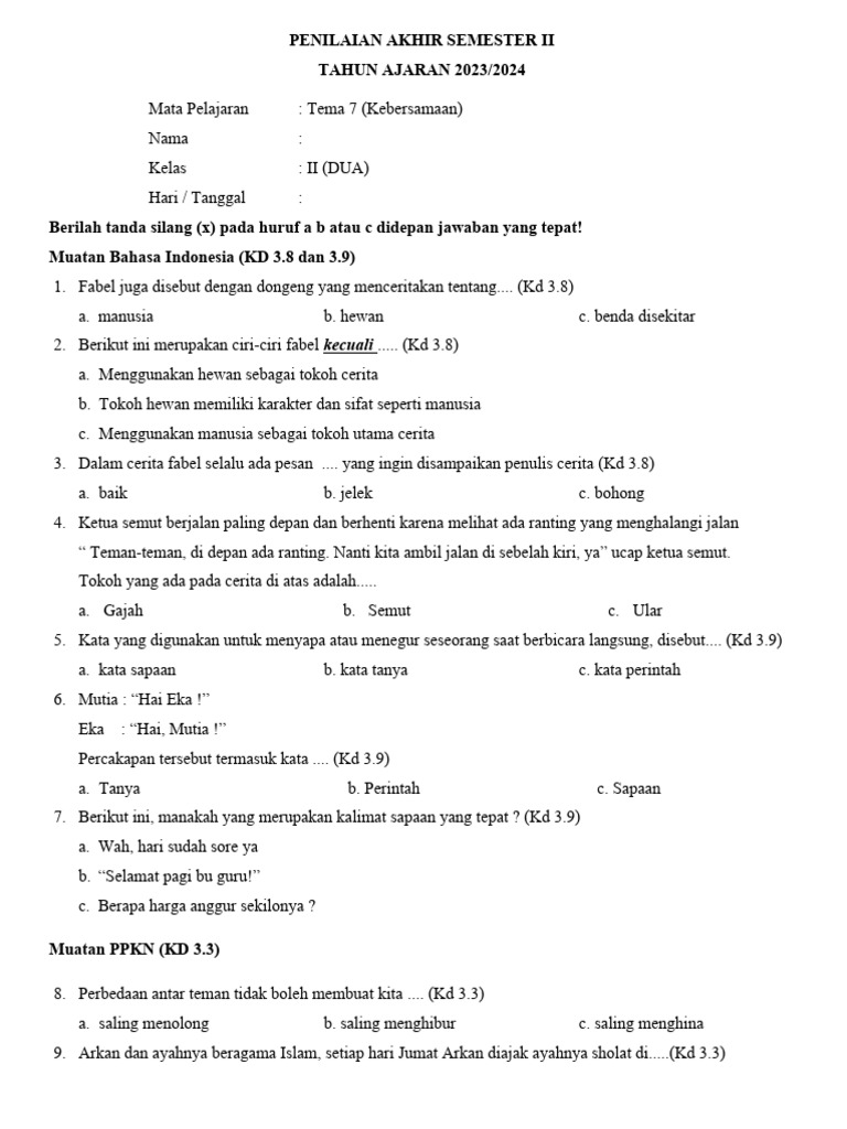 Soal Kelas 2 Tema 7 Dan Kunci Jawaban PAS Semester II TP 2023-2024 | PDF