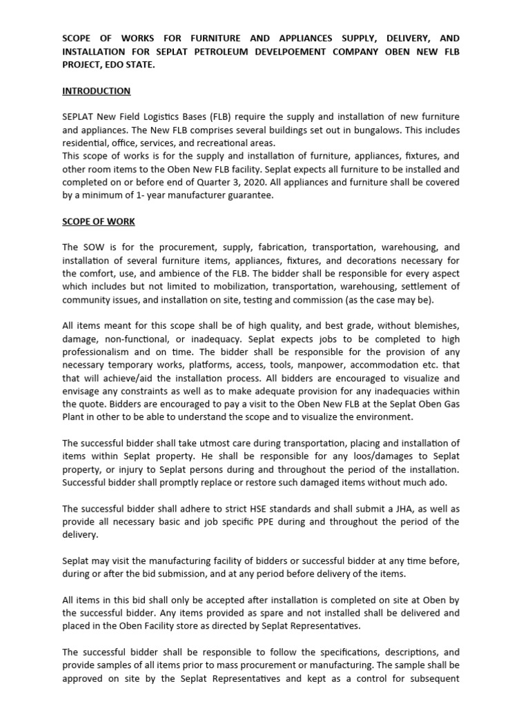 Scope of Works For Furniture and Appliances Supply | PDF