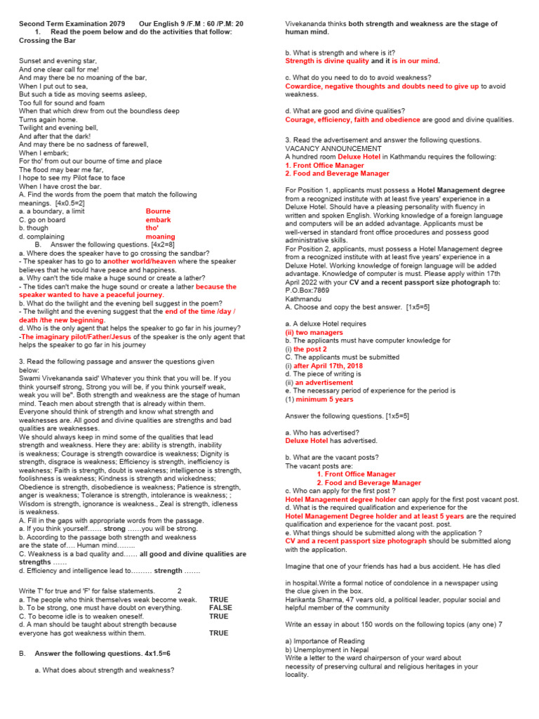 Class 9 English Second Term Exam 2079 | PDF