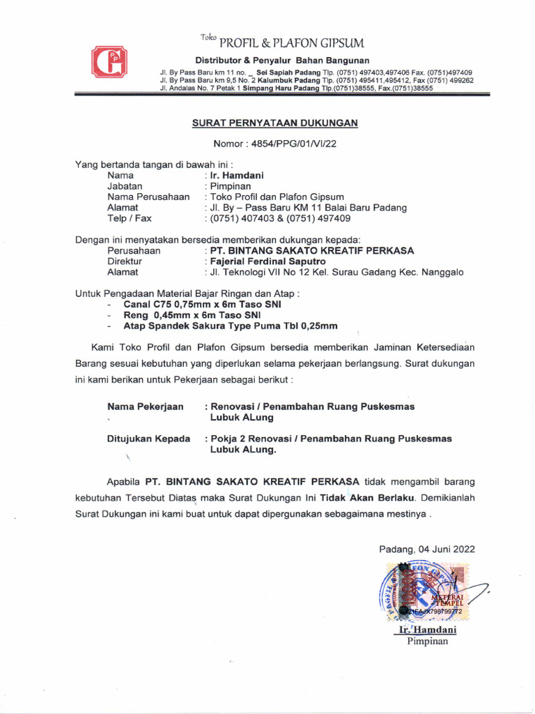 Surat Dukungan Baja Ringan Dan Atap Puskesmas Lubuk Alung | PDF Surat Dukungan Baja Ringan Dan Atap Puskesmas Lubuk Alung | PDF