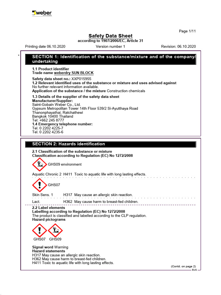 Weberdry SUN BLOCK-safety Data Sheet | PDF | Toxicity | Dangerous Goods