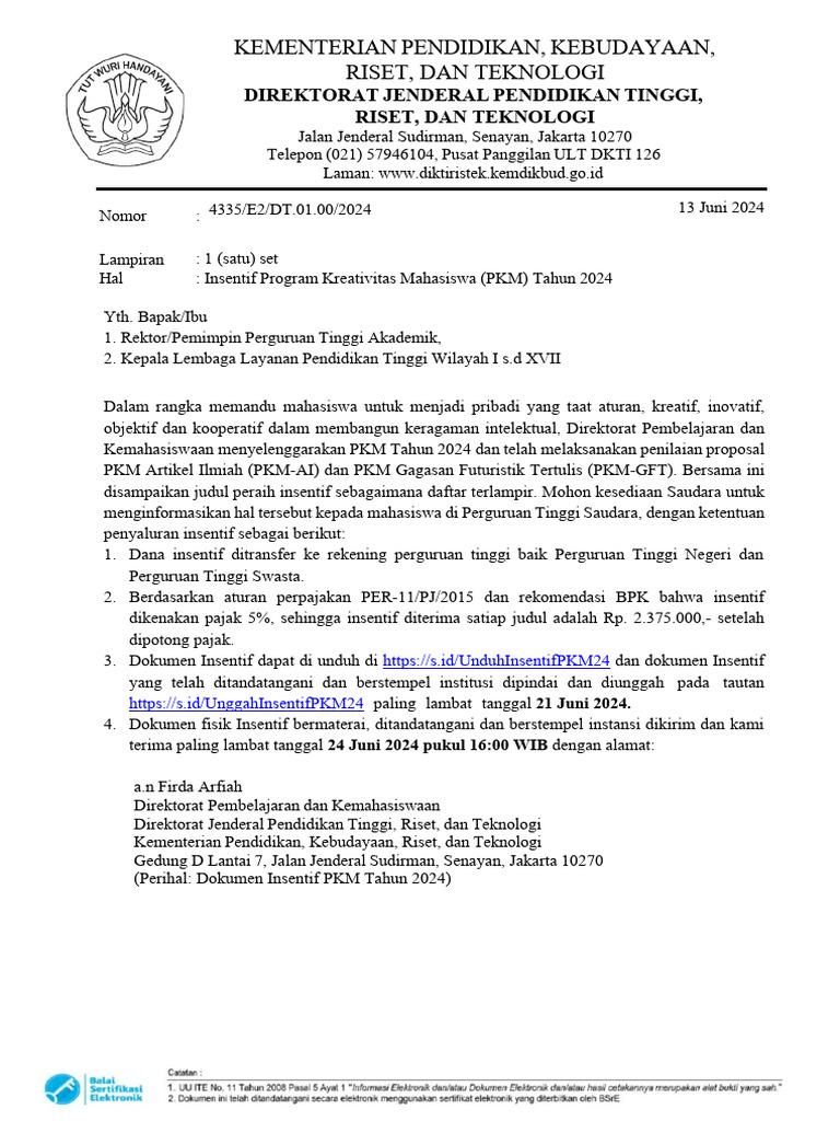 Pengumuman PKM Skema Insentif 2024 | PDF