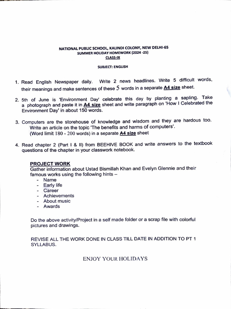 Summer Holiday Homework (2024-25) | PDF