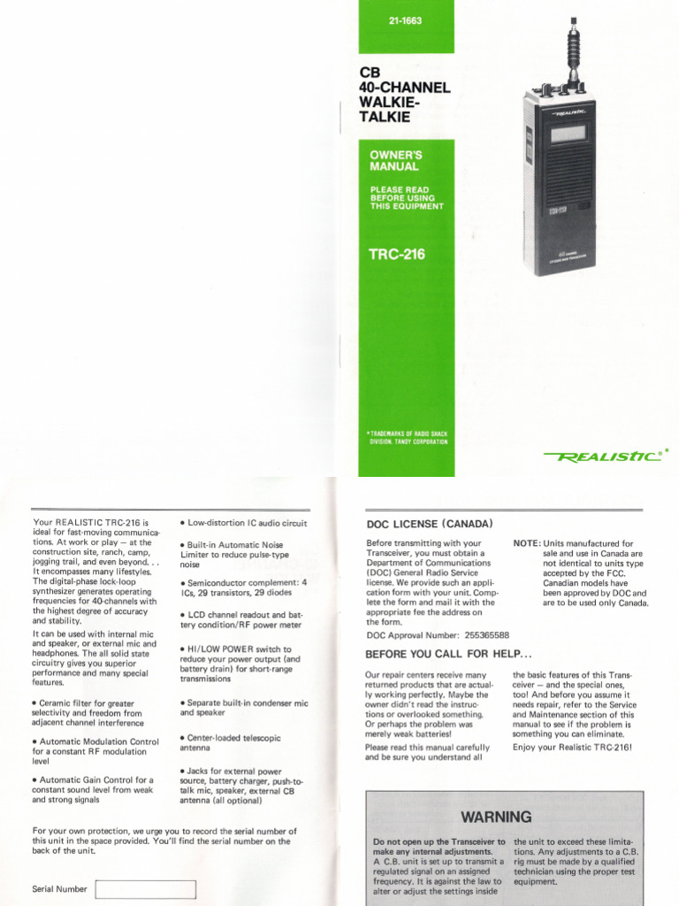 Realistic TRC - 216 - CB 40-Channel Walkie-Talkie - 21-1663 - EN | PDF