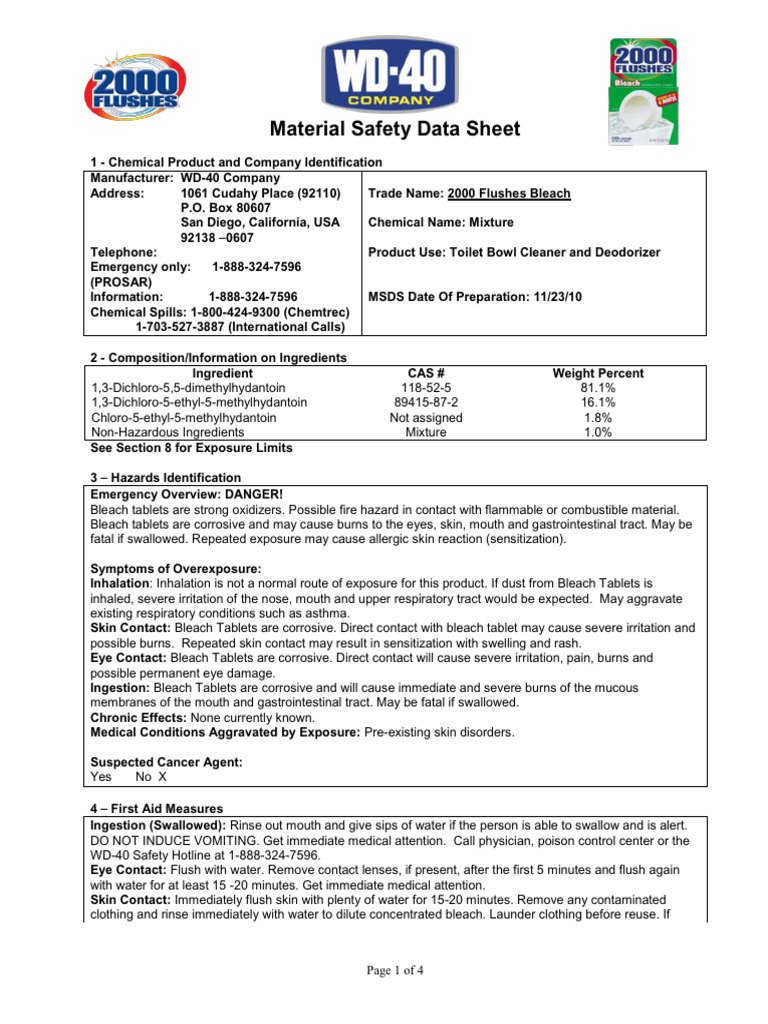 Material Safety Data Sheet (MSDS) - 2000 Flushes | PDF | Toxicity | Bleach