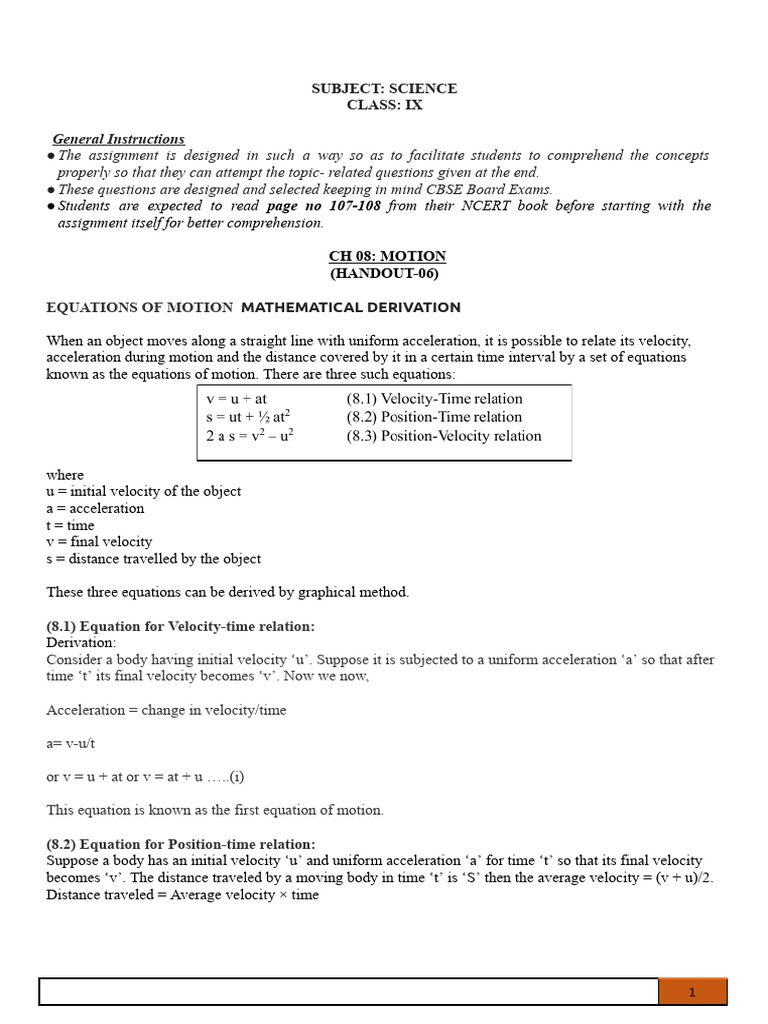 Deriving Equations of Motion for Class IX | PDF | Acceleration | Velocity