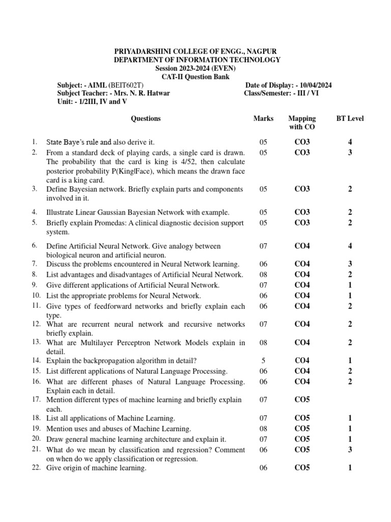 AIML - CAT-II - Question Bank | PDF | Artificial Neural Network ...