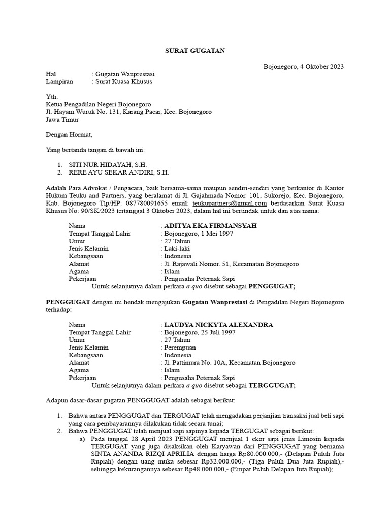 SURAT GUGATAN Kuasa Hukum Penggugat 1 | PDF