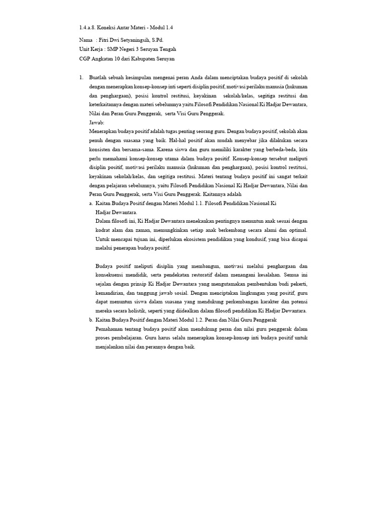 Koneksi Antar Materi Modul 1.4 - Fitri Dwi Setyaningsih | PDF | Karier & Perkembangan