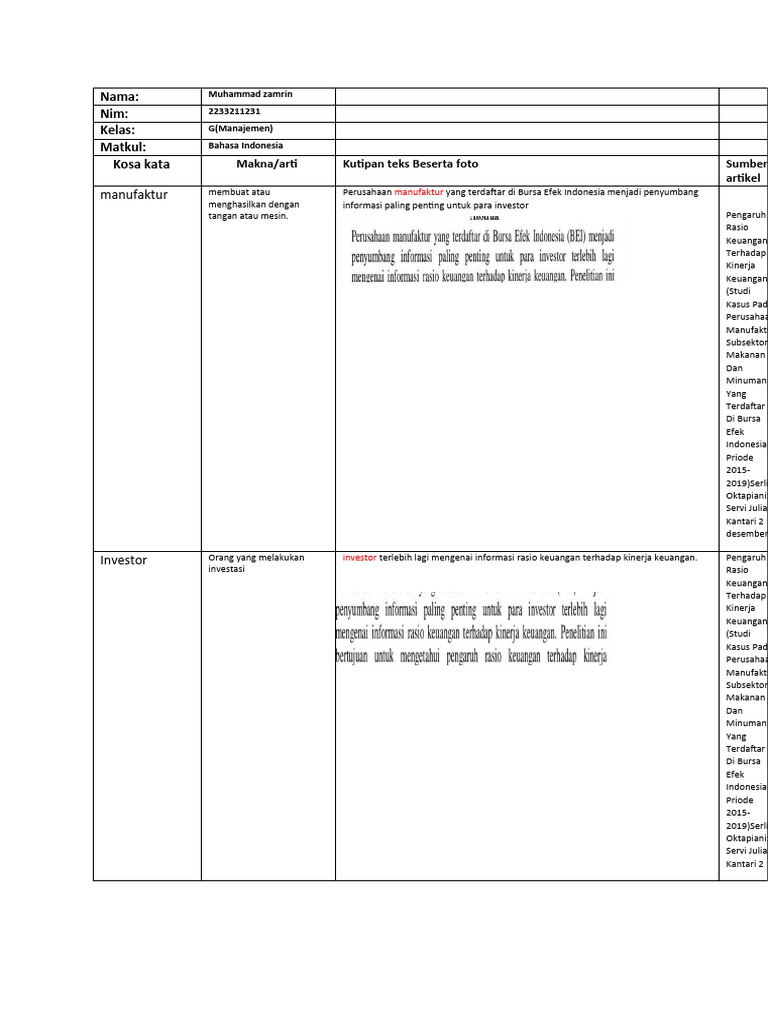 Kosa Kata Manufaktur: Nama: Nim: Kelas: Matkul | PDF