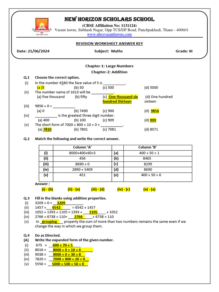 NHSSVL - GradeIII - Maths - PA1 - Revision Sheet Answer Key - 2024-25 | PDF | Mathematics