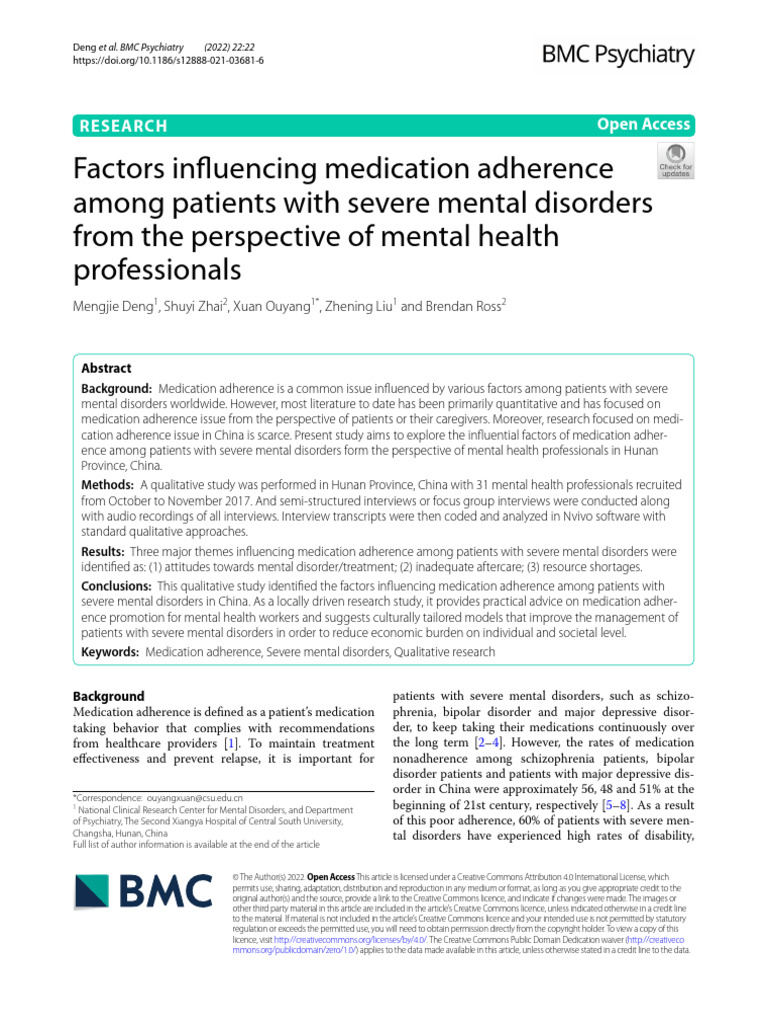 Factors Influencing Medication Adherence Among Patients With Severe Mental Disorders From The ...
