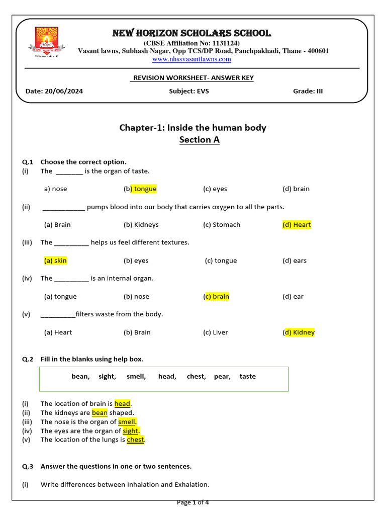 NHSSVL Grade III EVS PA1 Revision Sheet Answer Key | PDF | Respiratory System | Breathing
