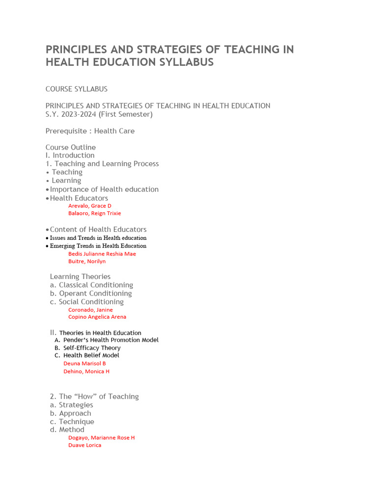 Report PRINCIPLES AND STRATEGIES OF TEACHING IN HEALTH EDUCATION ...