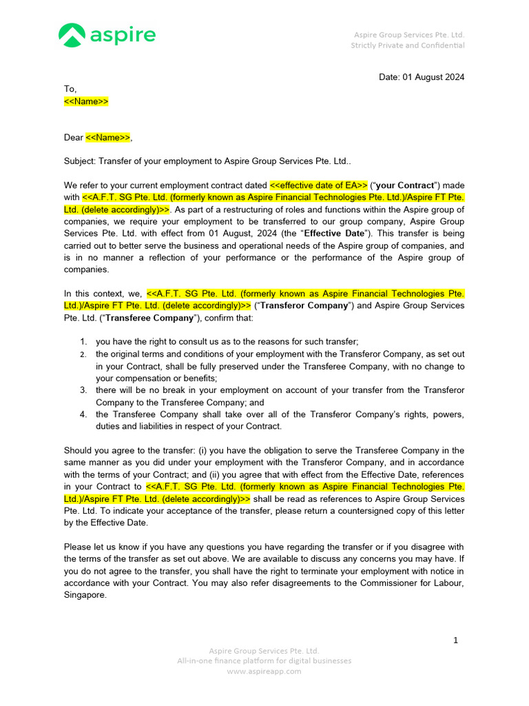(Template) Transfer Letter 240620 | PDF | Employment | Business