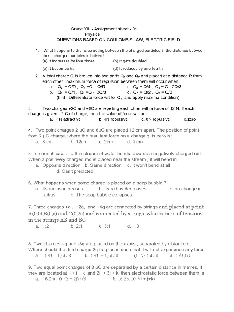Electrostatics Worksheet 01 | PDF | Force | Sphere