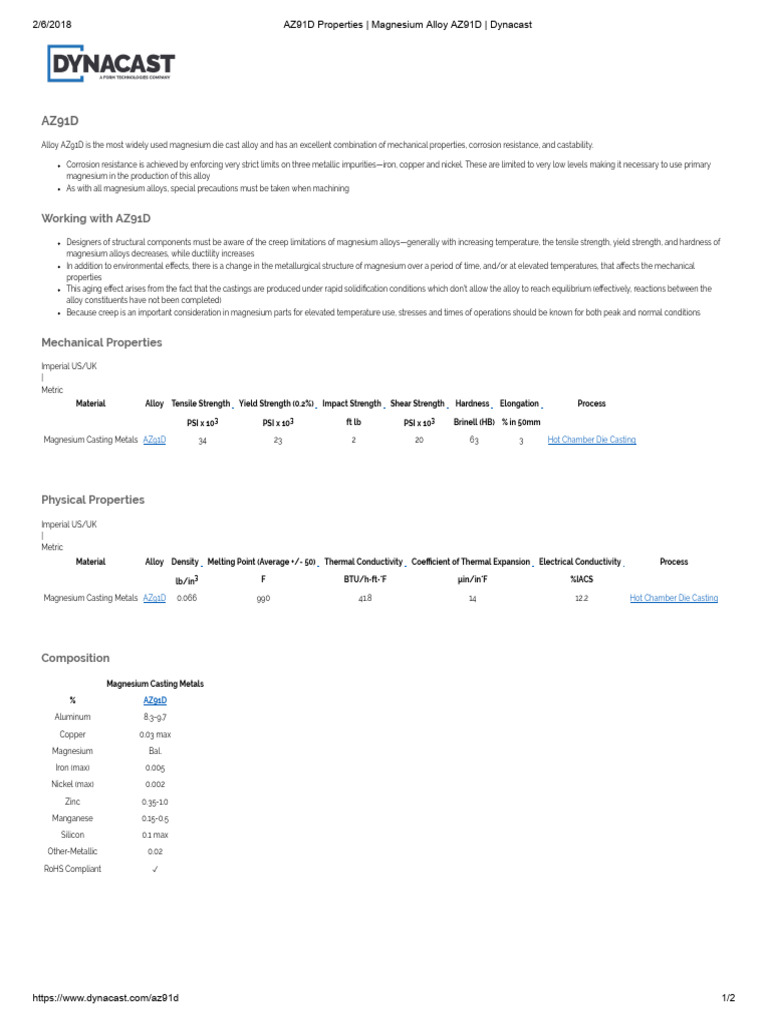 AZ91D Properties - Magnesium Alloy AZ91D - Dynacast | PDF | Alloy | Metals