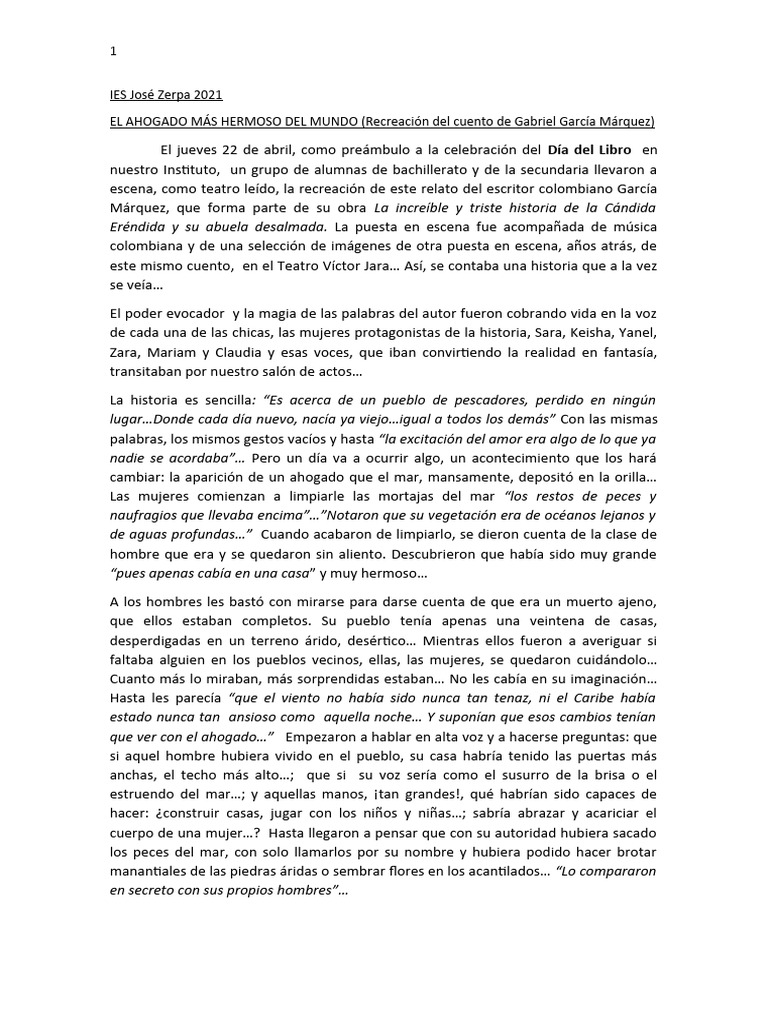 El Ahogado Más Hermoso Del Mundo. Sinopsis Susana | PDF