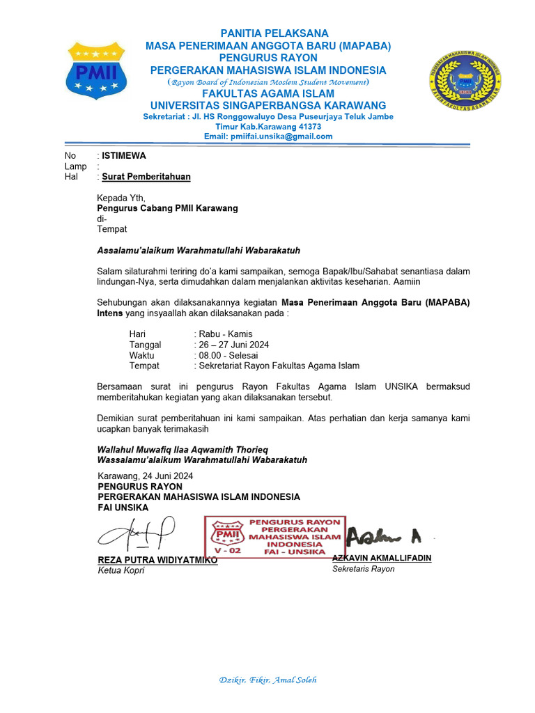 Surat Pemberitahuan PC Pmii Karawang | PDF