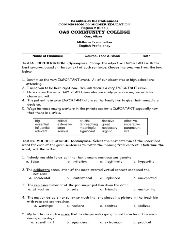 English Proficiency Midterm Exam Guide | PDF | Part Of Speech | Verb