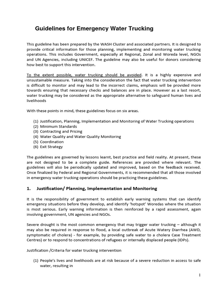 Guidelines For Emergency Water Trucking | PDF | Bleach | Hygiene