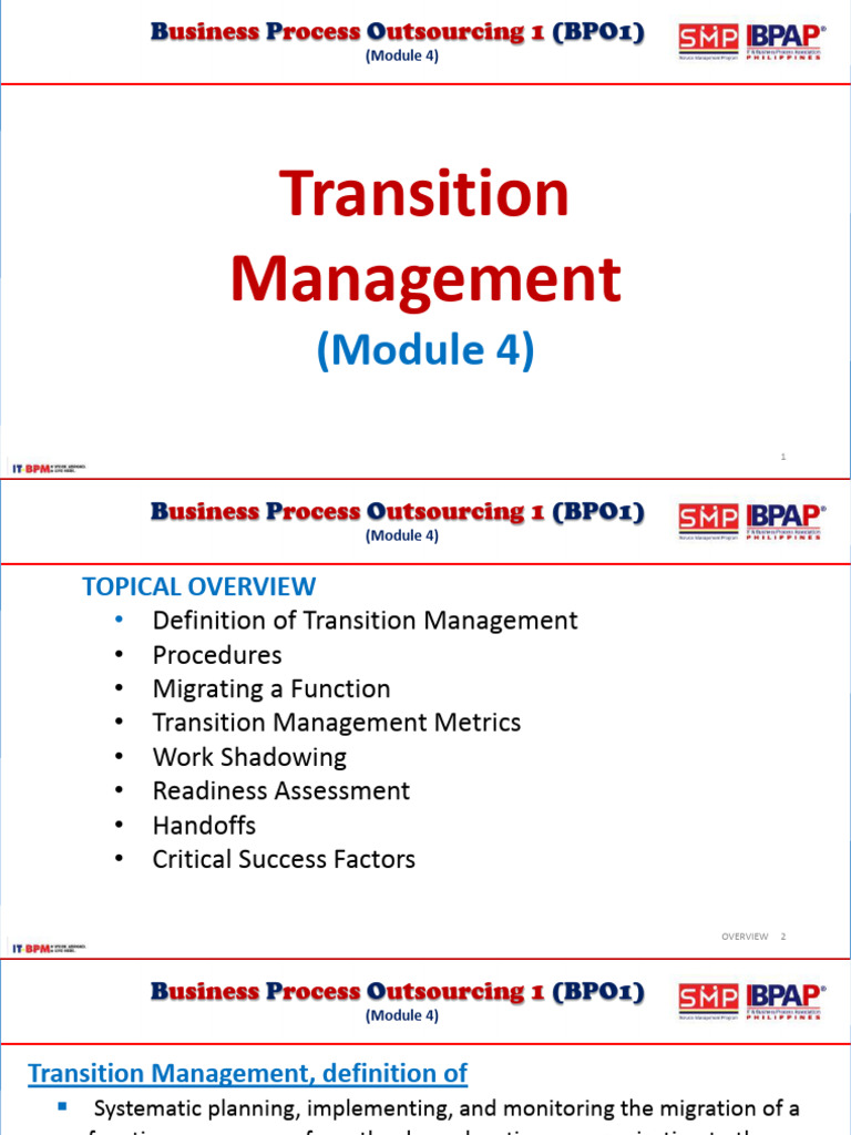BPO1 Module 4 TRANSITION MANAGEMENT | PDF | Outsourcing | Business Process