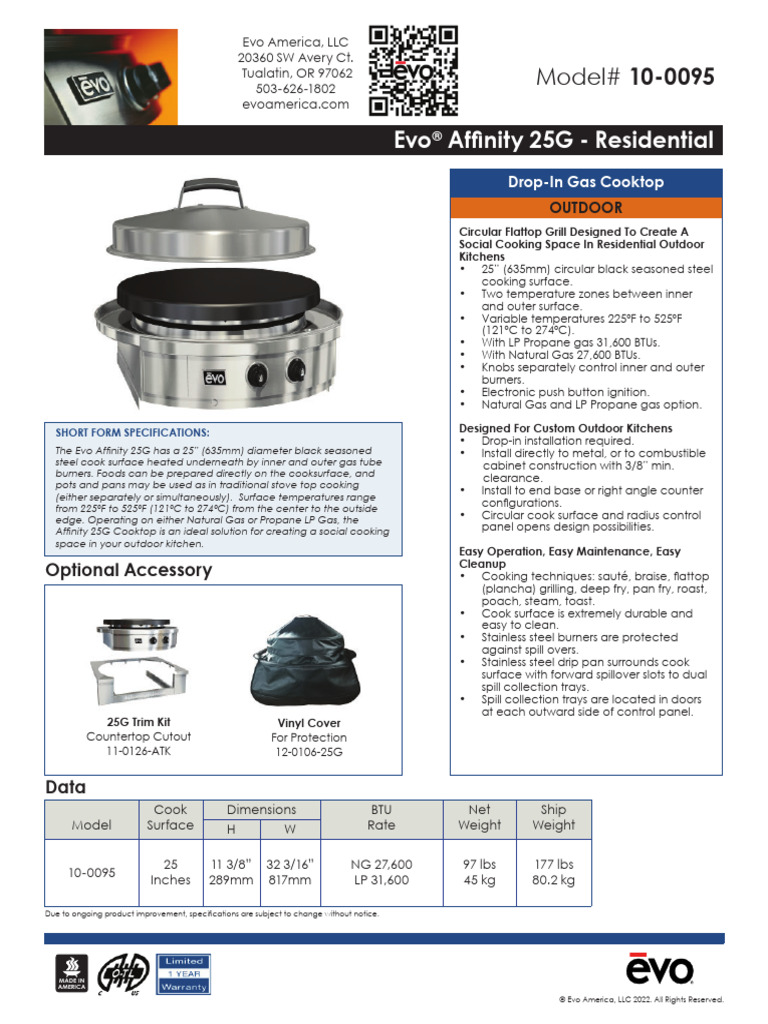 Evo 10 0095 Affinity 25G Cooktop Datasheet 2022 | PDF | Cooking | Food And Drink Preparation