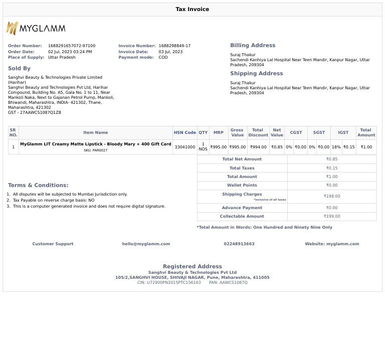 MyGlamm Gift Card Invoice Details | PDF | Taxes | Payments