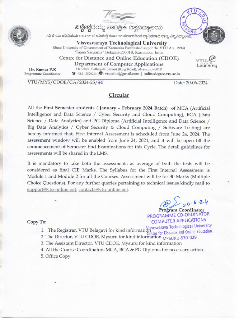 Revised Circular First IA For First Semester Students | PDF