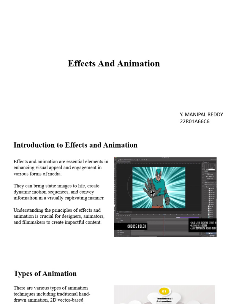 Effects and Animation: Y. Manipal Reddy 22R01A66C6 | PDF | Animation | Computer Generated Imagery
