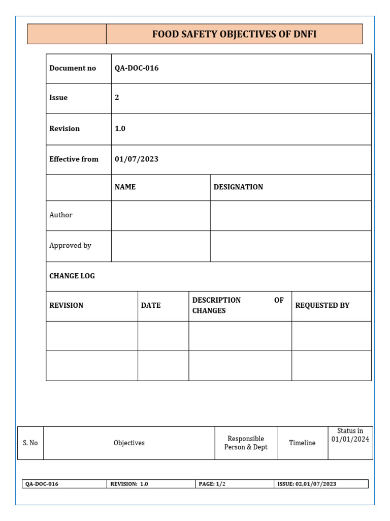 QA-DOC-017 Food Safety Objectives | PDF
