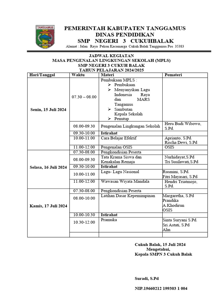Jadwal MPLS SMPN 3 Cukuh Balak 2024 | PDF