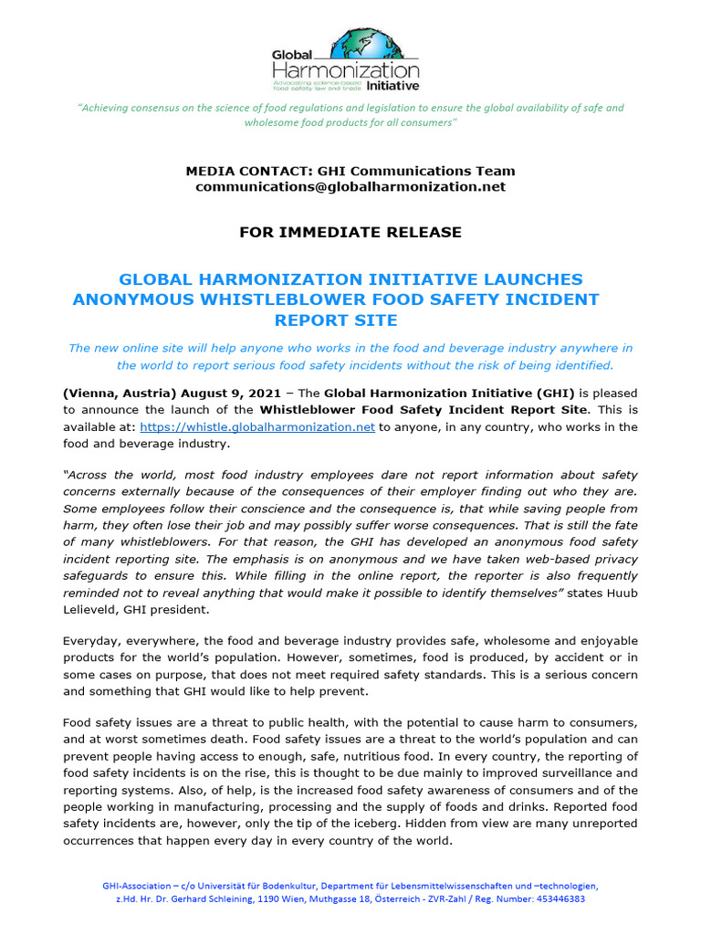 2021-08-09 GHI Food Safety Incident Report Site Press Release | PDF ...