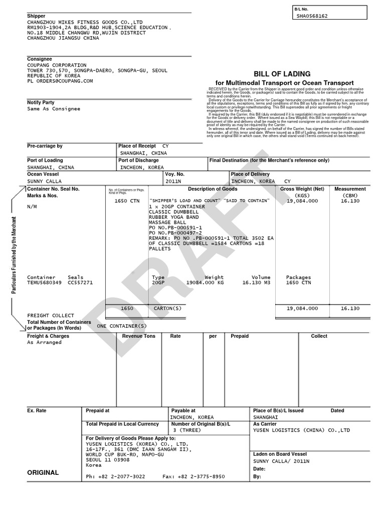 Sha0568162 BL - Draft | PDF | Bill Of Lading | Consignee