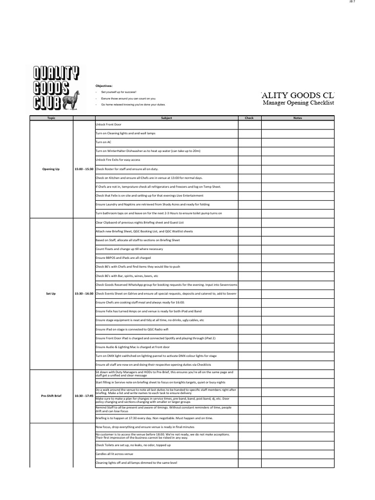 Opening & Closing Checklist | Download Free PDF | Chef | Door