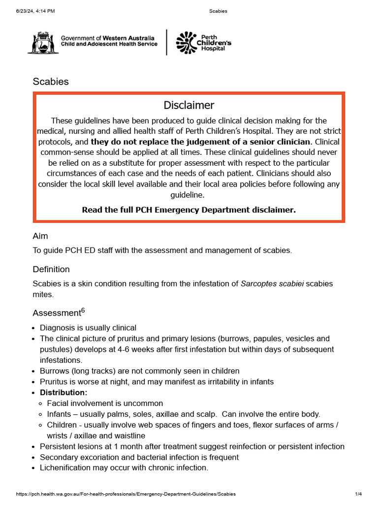 Scabies - Perth Children's Hospital | PDF | Epidemiology | Health Sciences