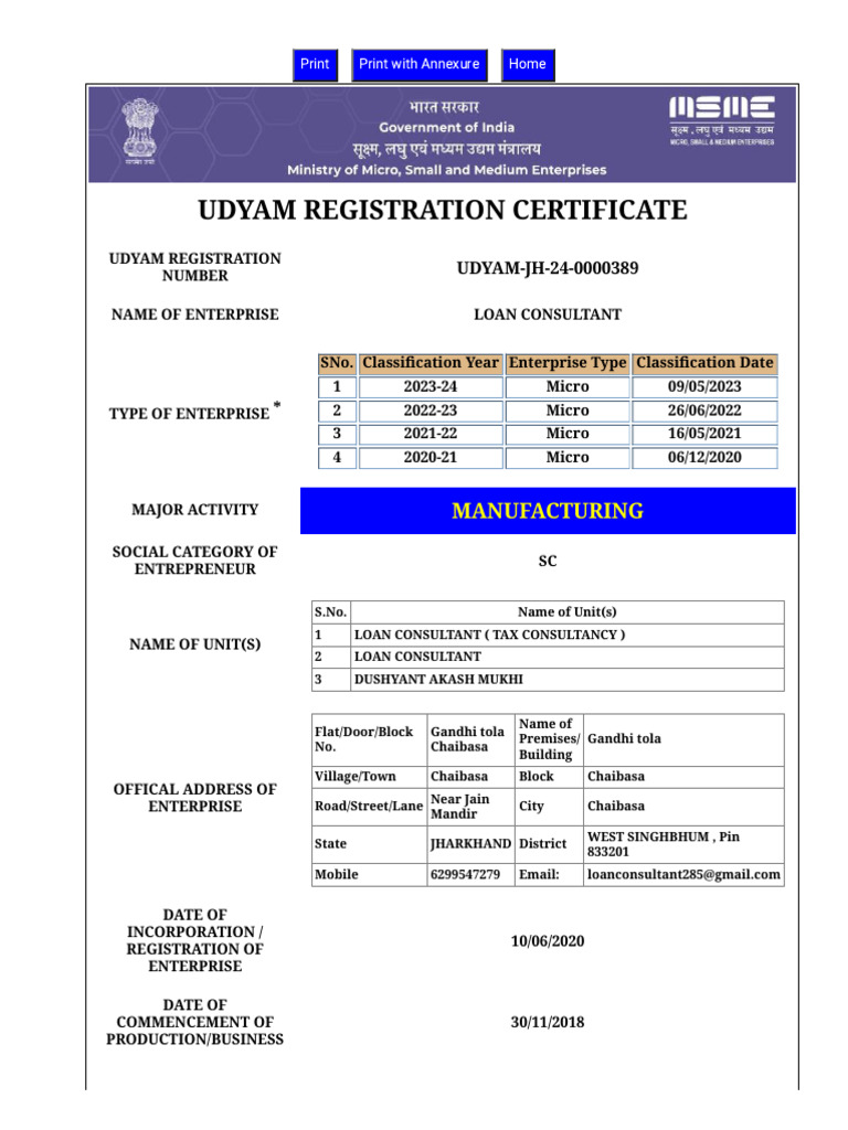 Print - Udyam Registration Certificate | PDF | Economies | Business