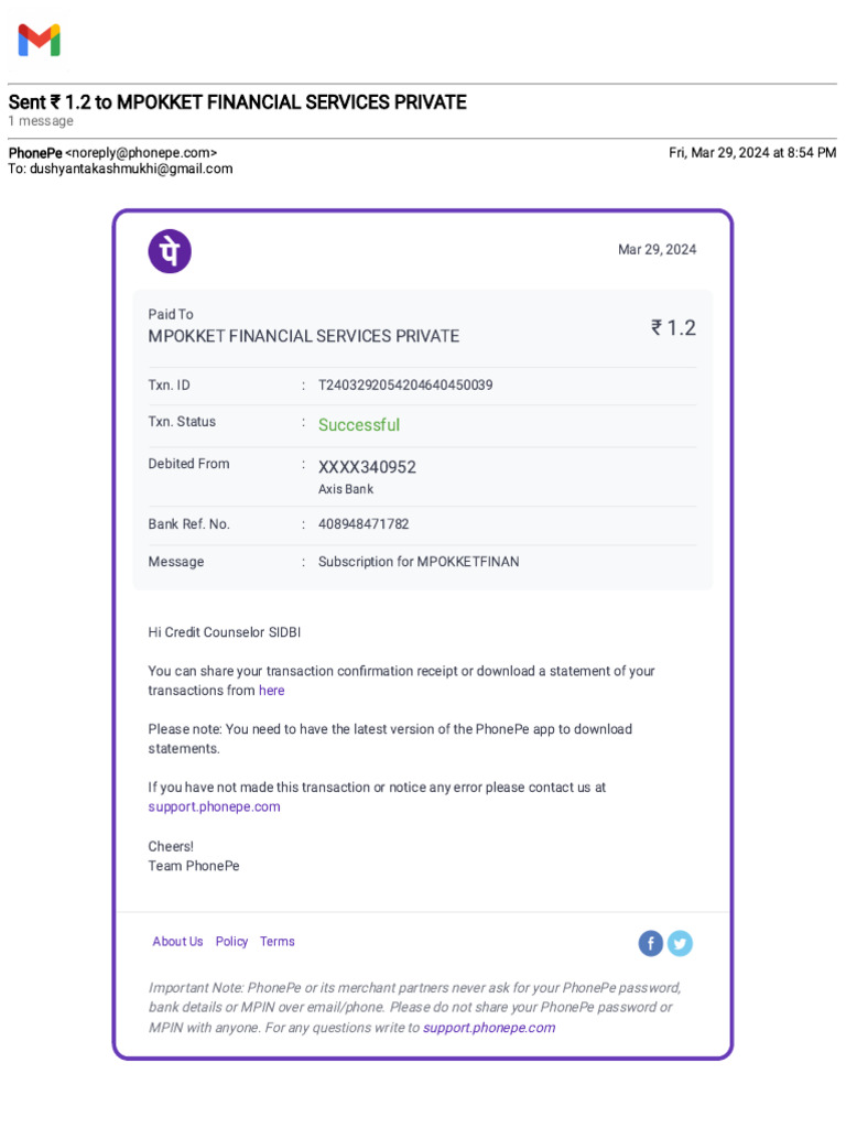 Gmail - Sent 1.2 To MPOKKET FINANCIAL SERVICES PRIVATE | PDF | Finance & Money Management