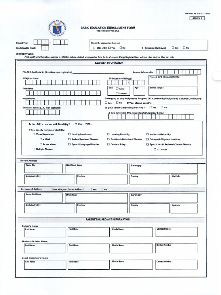 Basic Education Enrollment Form | PDF