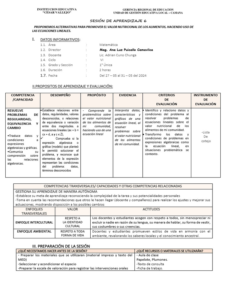 Sesión 6 - Actv 6 - Unid 3 - 1°. 1 | PDF | Ecuaciones | Maestros