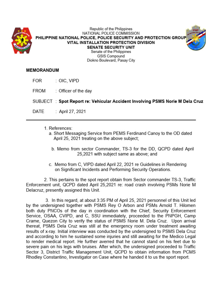 Spot Report re Vehicular Accident Involving PSMS Norie M Dela Cruz (1 ...