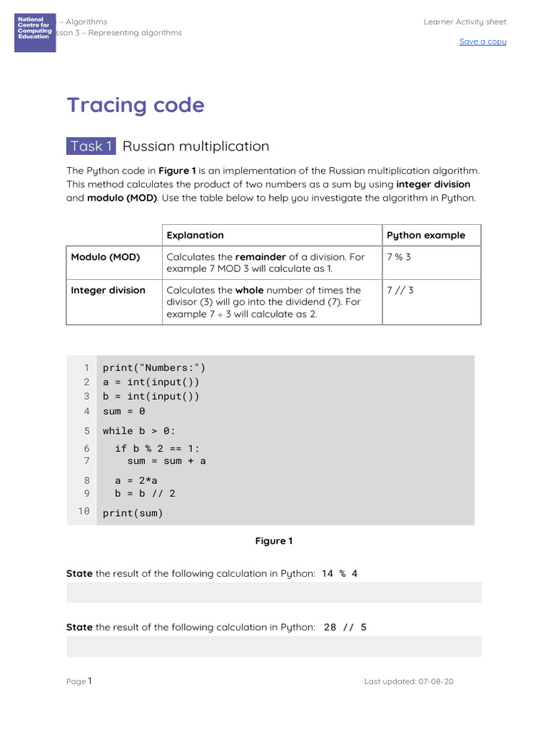 A2 Worksheet - Tracing Code | PDF | Number Theory | Algorithms