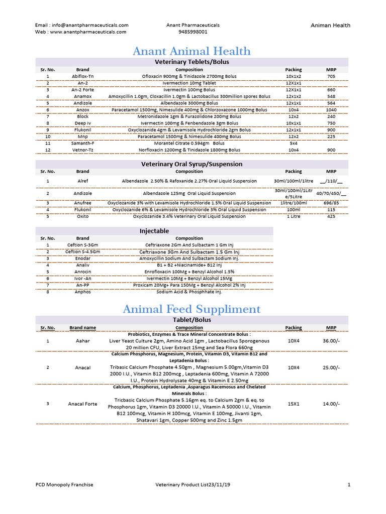 Veterinary Product List Overview | PDF | Magnesium | Dietary Supplements