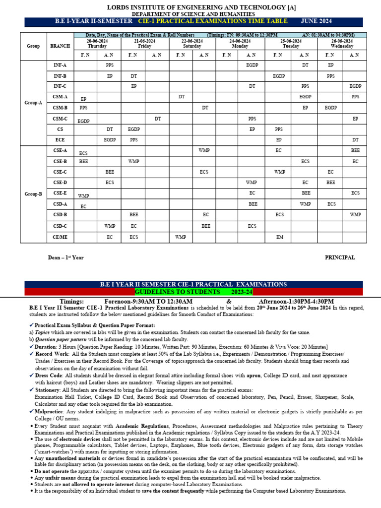 CIE-1 PRACTICAL TIME TABLE 2023-24 I-Year II-Semester-2 | Download Free PDF | Computing