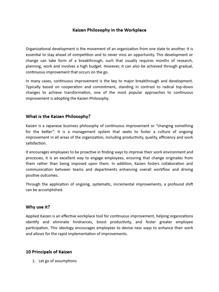 Kaizen Philosophy in The Workplace | PDF | Business | Business Economics