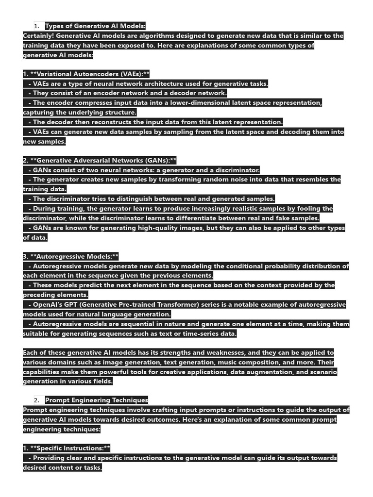 Types of Generative AI Models | PDF | Artificial Intelligence | Intelligence (AI) & Semantics